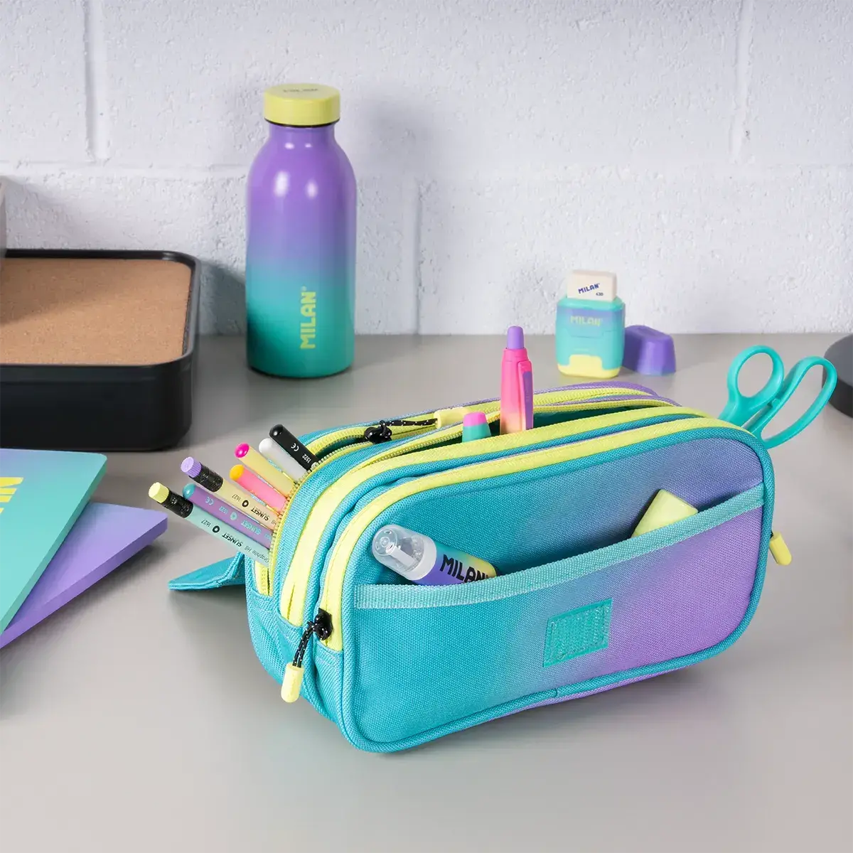 4-zip pencil case with a flap Sunset series, turquoise